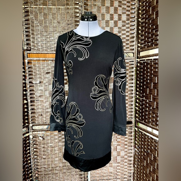 Cache | Dresses | Cache Black Mini Dress 4 Velvet Satin Long Sleeves ...